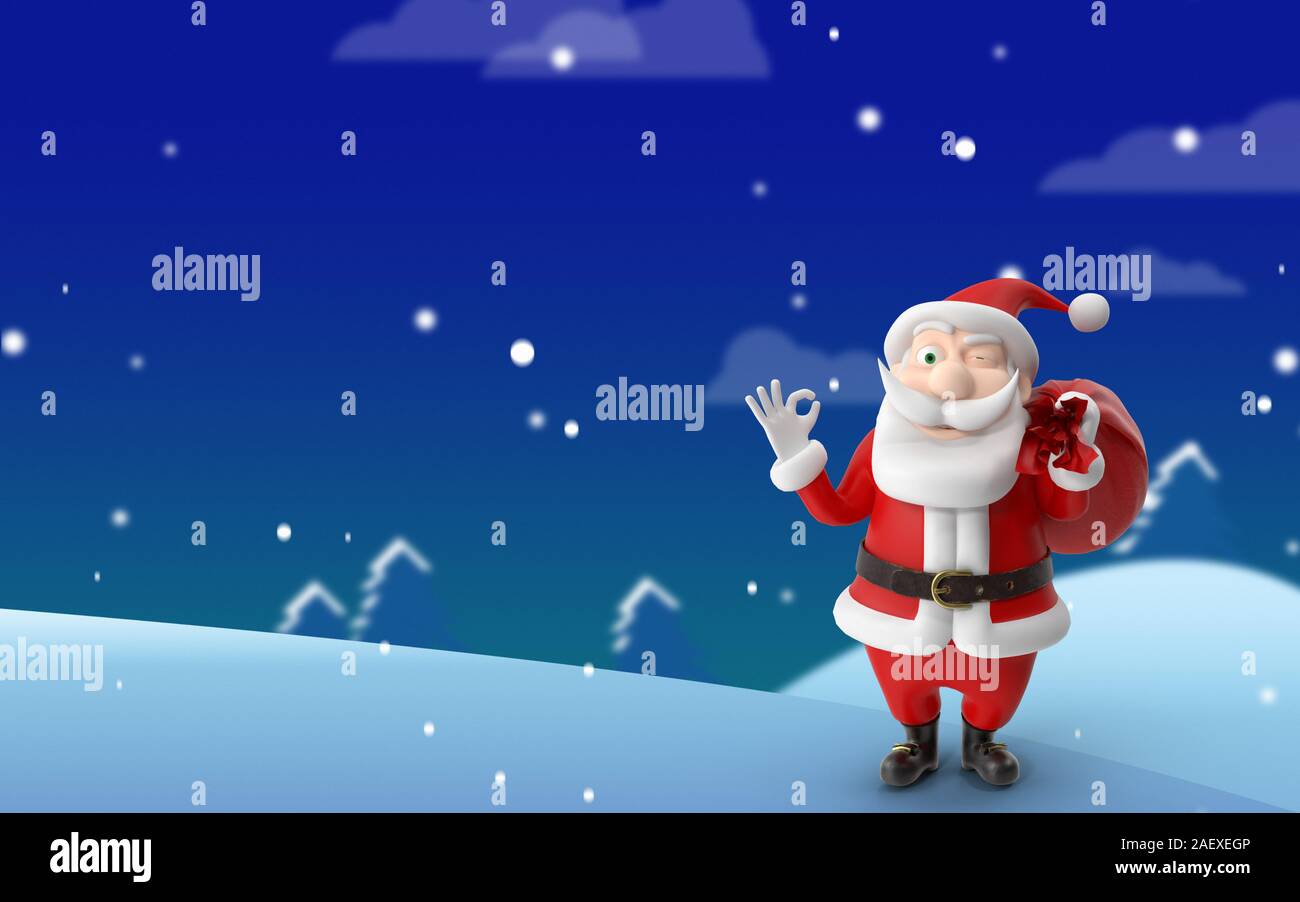Colorful Christmas scene with Santa against blue background. 3D ...