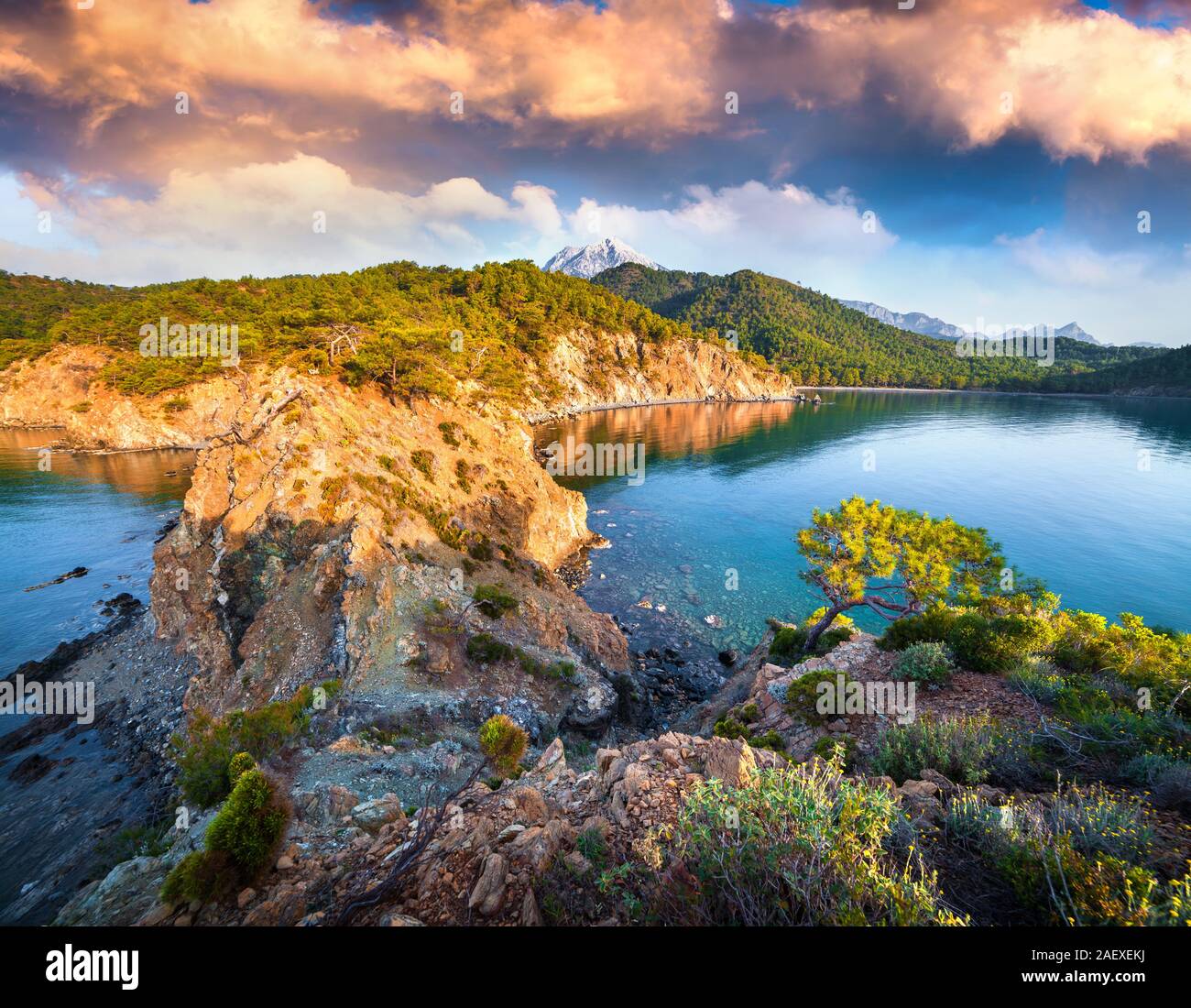 Colorful Mediterranean seascape in Turkey. Spring sunrise in a small ...