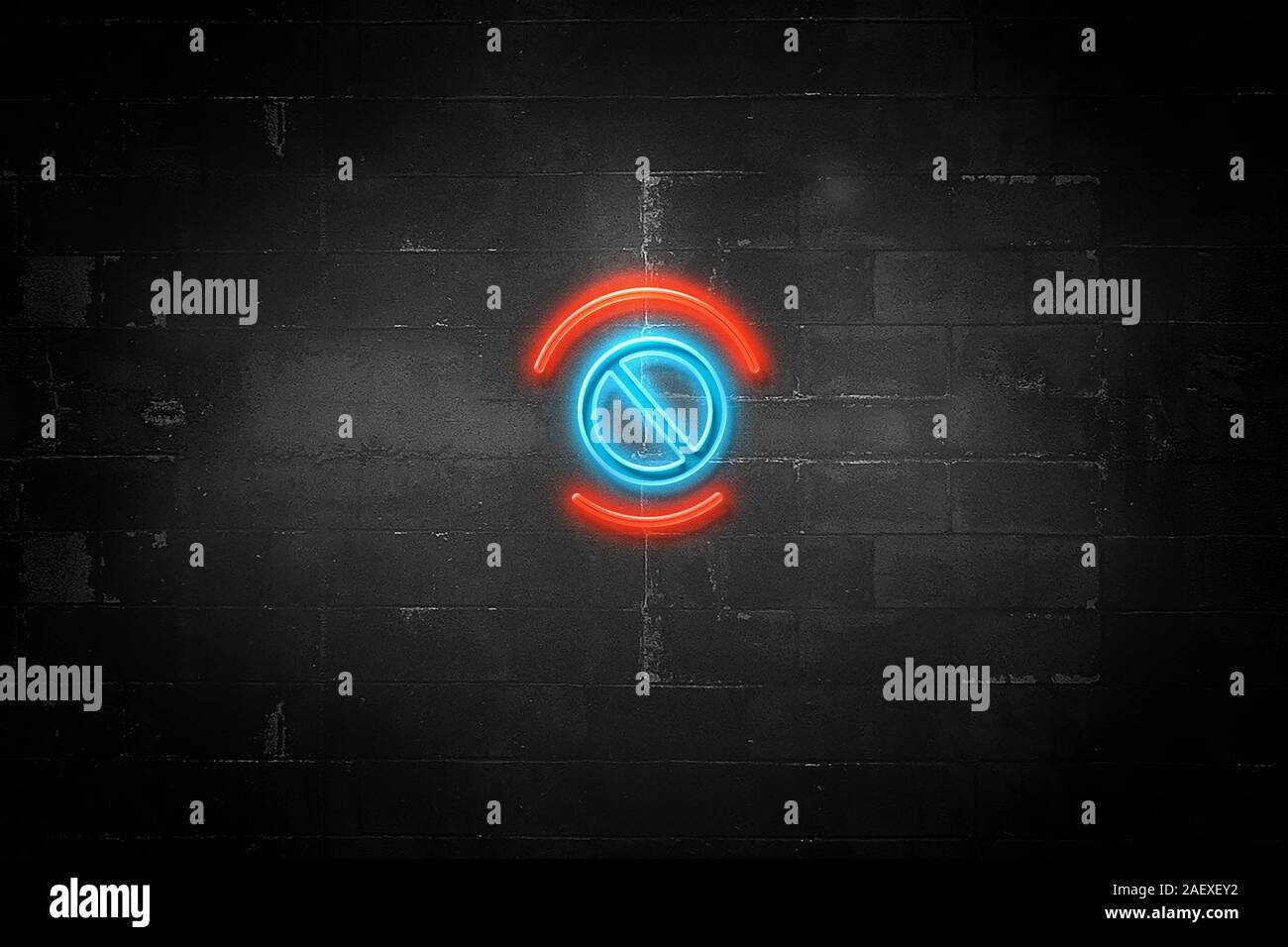 Forbidden symbol on Neon sign with concrete wall background, the sign ...