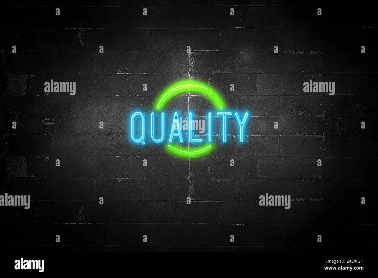 Quality message on Neon sign with concrete wall background, the sign ...