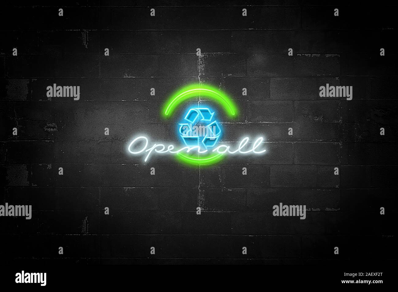Recycling symbol on Neon sign with concrete wall background, the sign ...