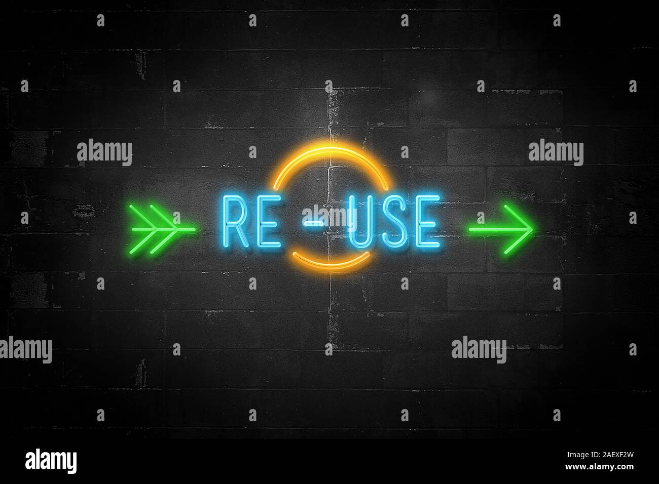 Re-use message on Neon sign with concrete wall background, the sign ...