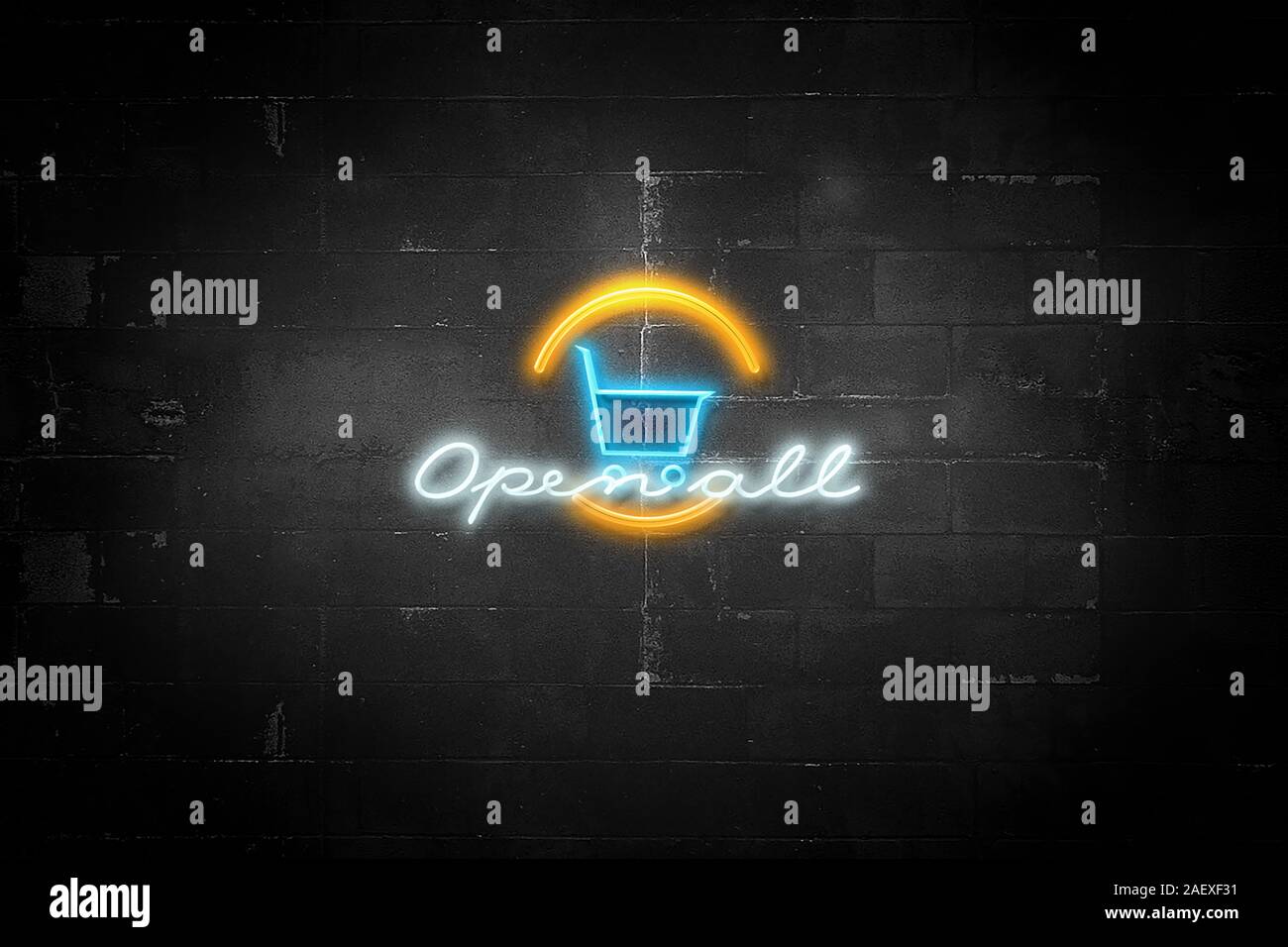 Shopping symbol on Neon sign with concrete wall background, the sign ...