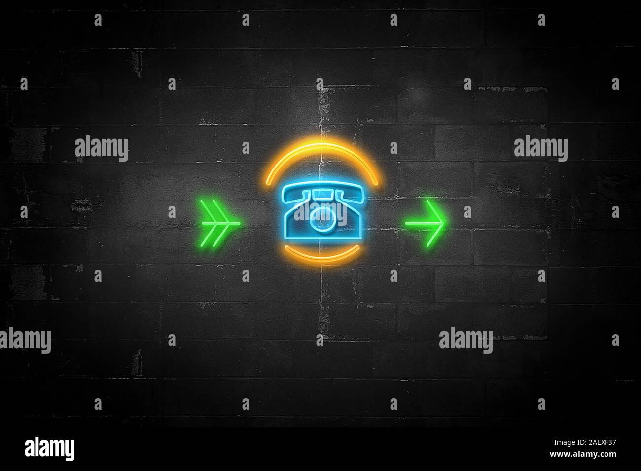 Telephone symbol on Neon sign with concrete wall background, the sign ...