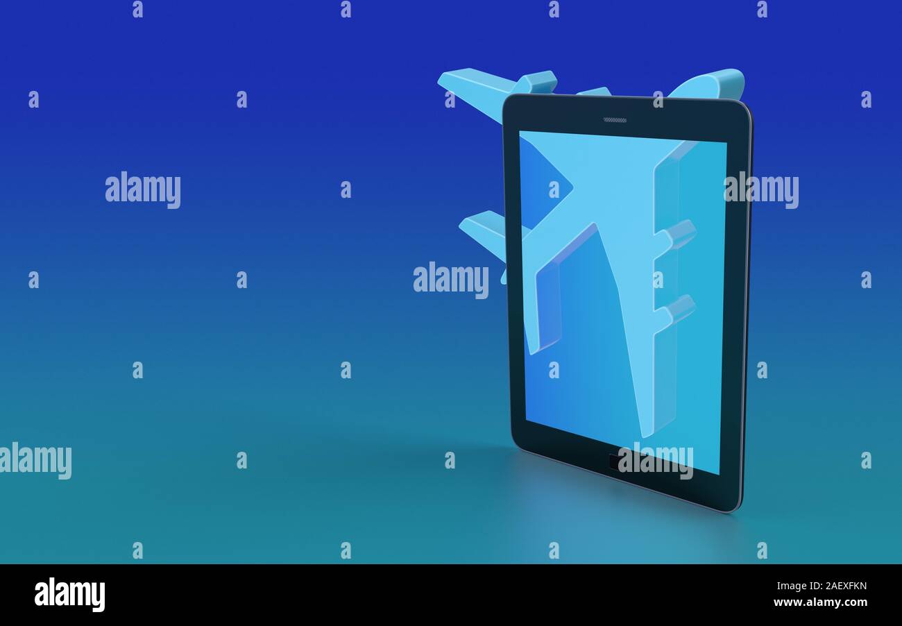 Airplane symbol on and behind a modern digital tablet screen. High ...