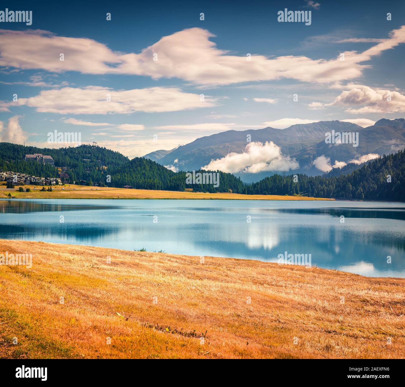 Champfer village in the morning mist. Champferersee lake, Alps ...