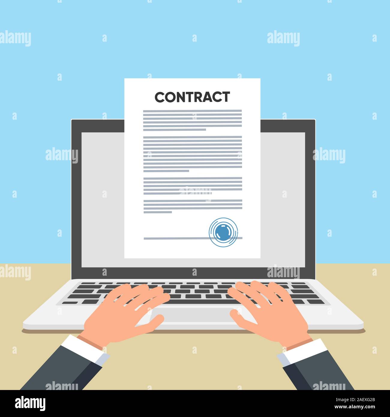 Online electronic smart contract document on laptop, paper document ...