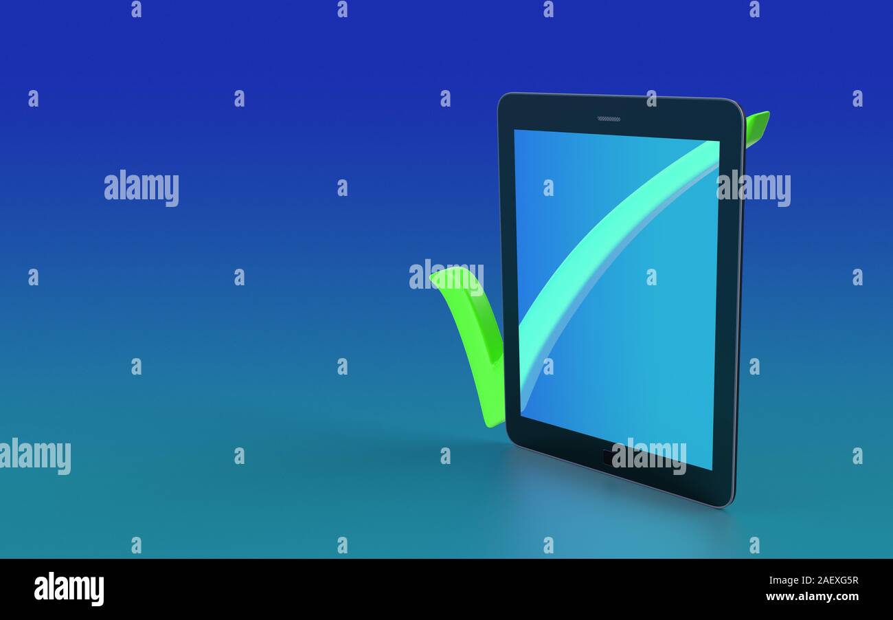 Check Mark symbol on and behind a modern digital tablet screen. High ...
