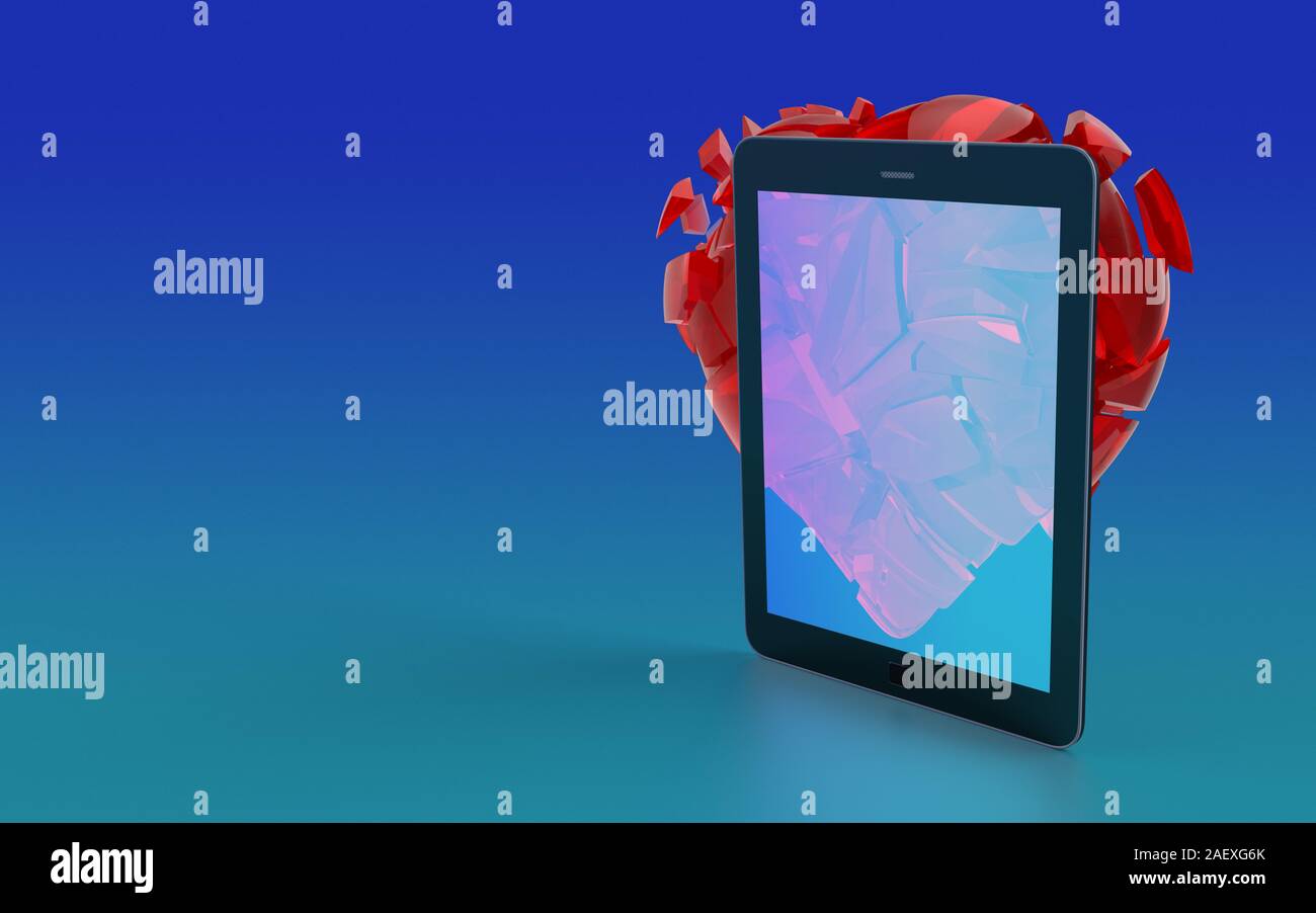 Broken Heart symbol on and behind a modern digital tablet screen. High ...