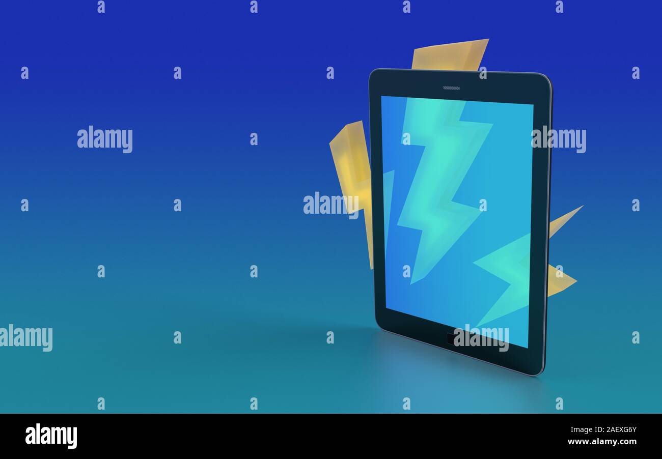 Lightning symbol on and behind a modern digital tablet screen. High ...