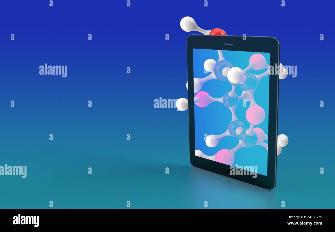 Molecule symbol on and behind a modern digital tablet screen. High ...