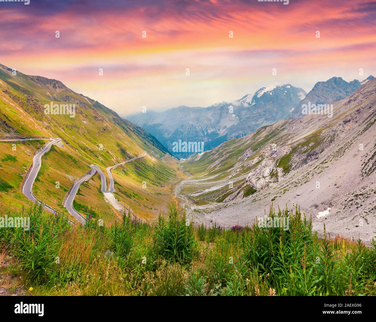 View from a bird's eye of Stelvio High Alpine Road. Paso Stelvio ...