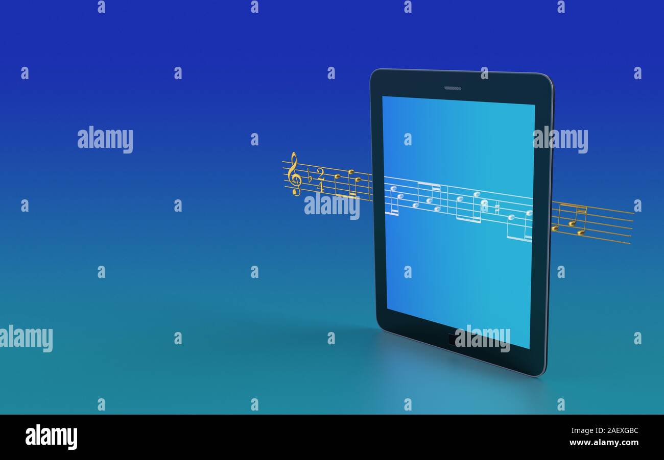 Musical Notes on and behind a modern digital tablet screen. High ...