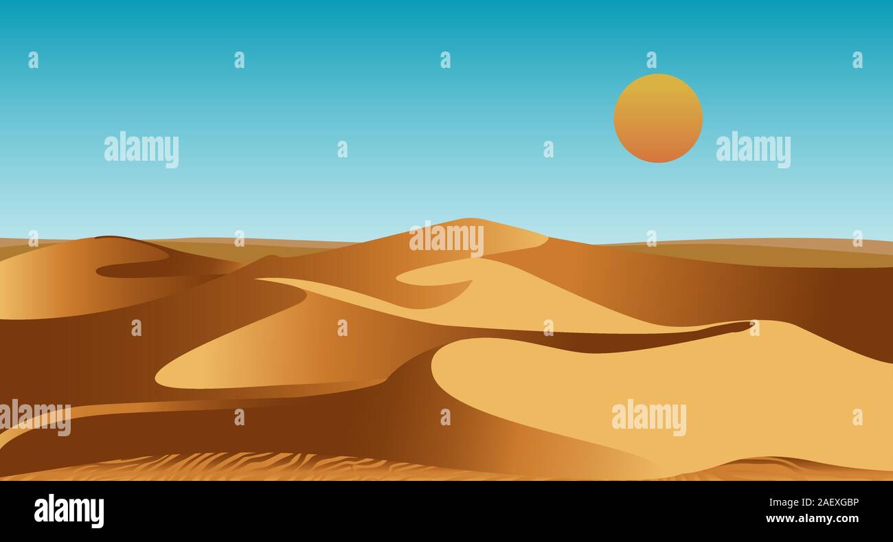 Uninhabited African desert with sand dunes and scorching sun in sky ...