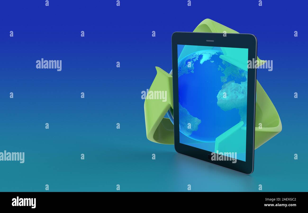 Recycling symbol around earth symbol on and behind a modern digital ...