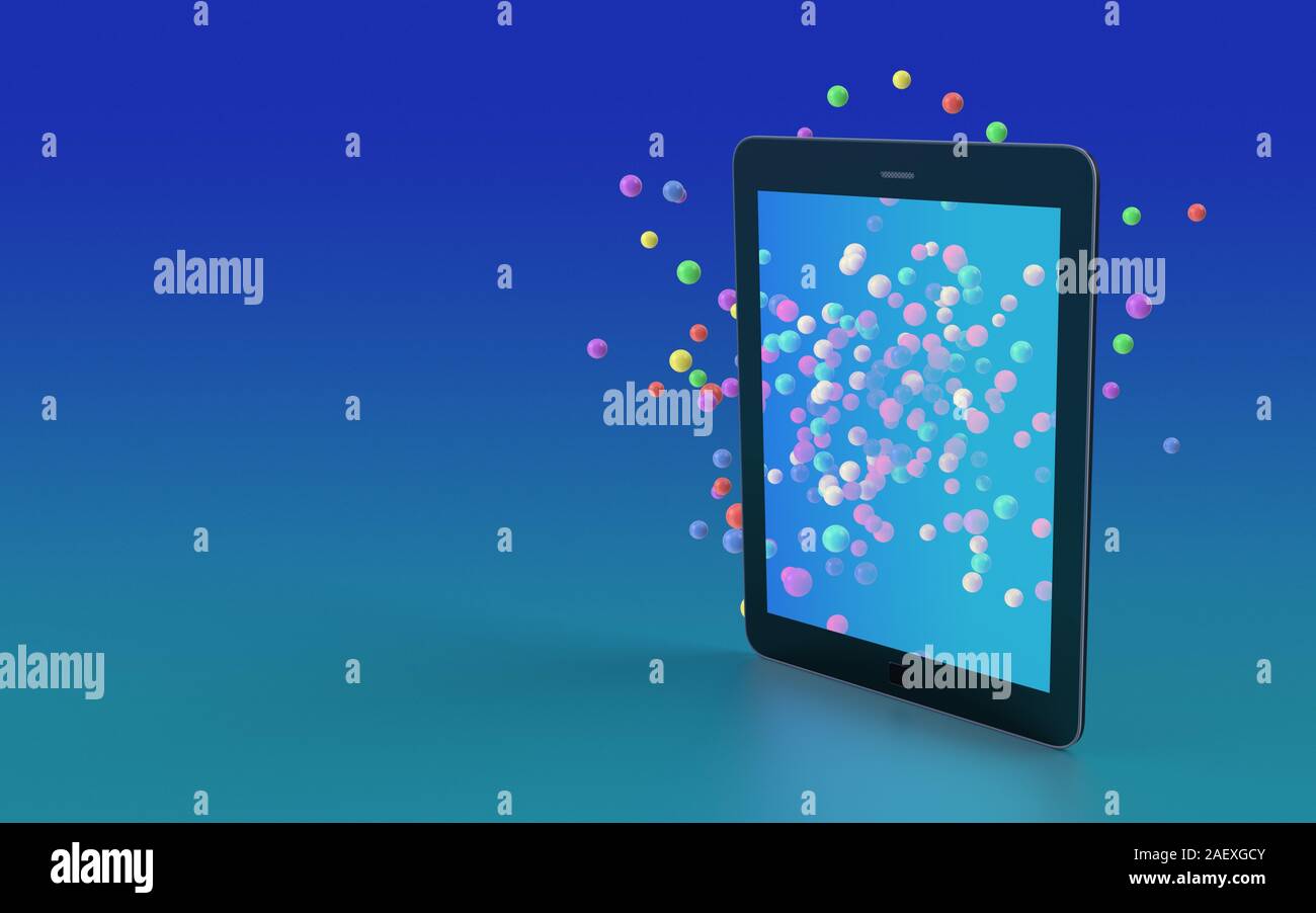 Abstract spheres on and behind a modern digital tablet screen. High ...