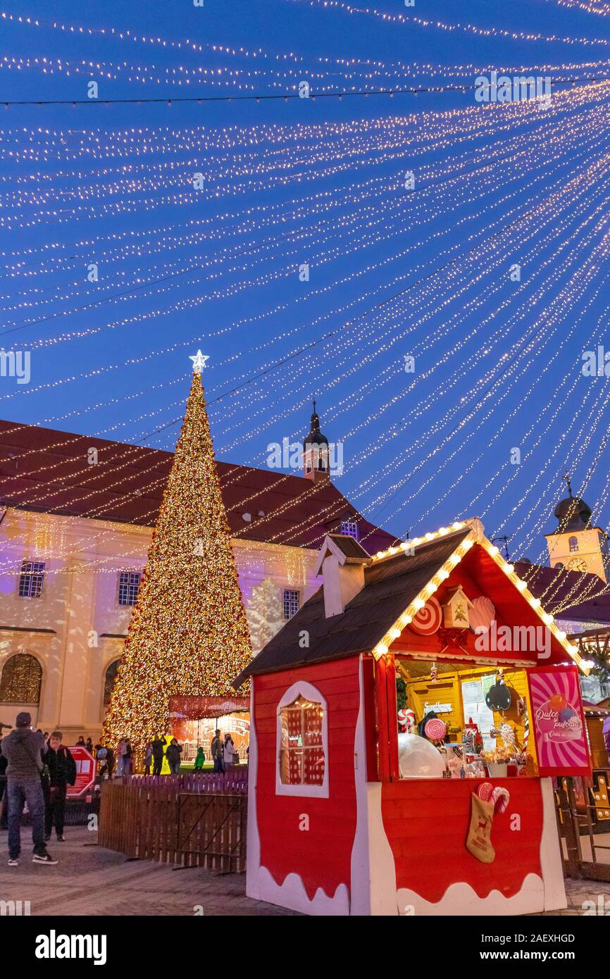Christmas market and decoration lights. Winter tale at Christmas Market ...