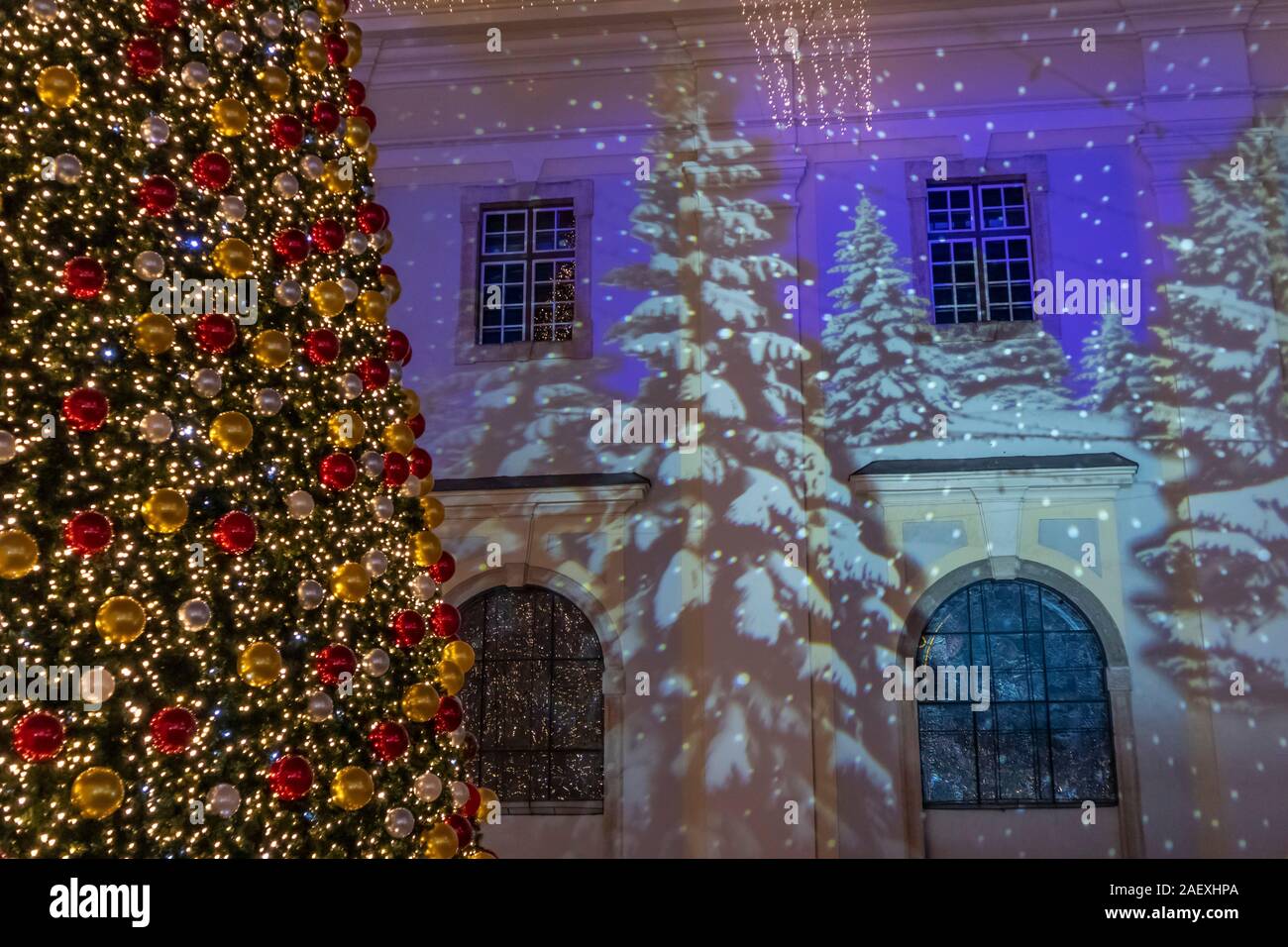 Christmas tree lights. Winter tale at Sibiu Christmas Market Stock ...