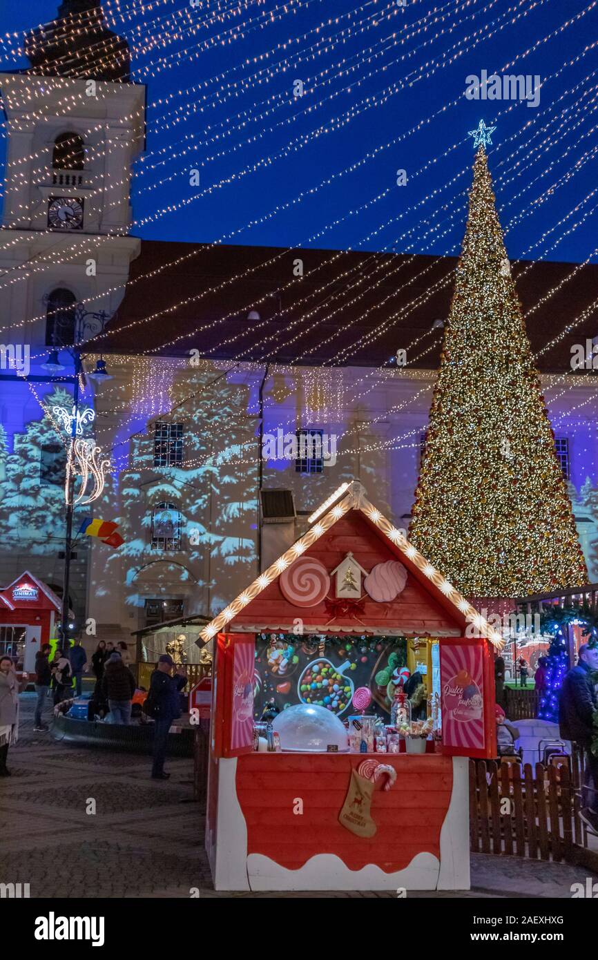 Christmas market and decoration lights. Winter tale at Christmas Market ...
