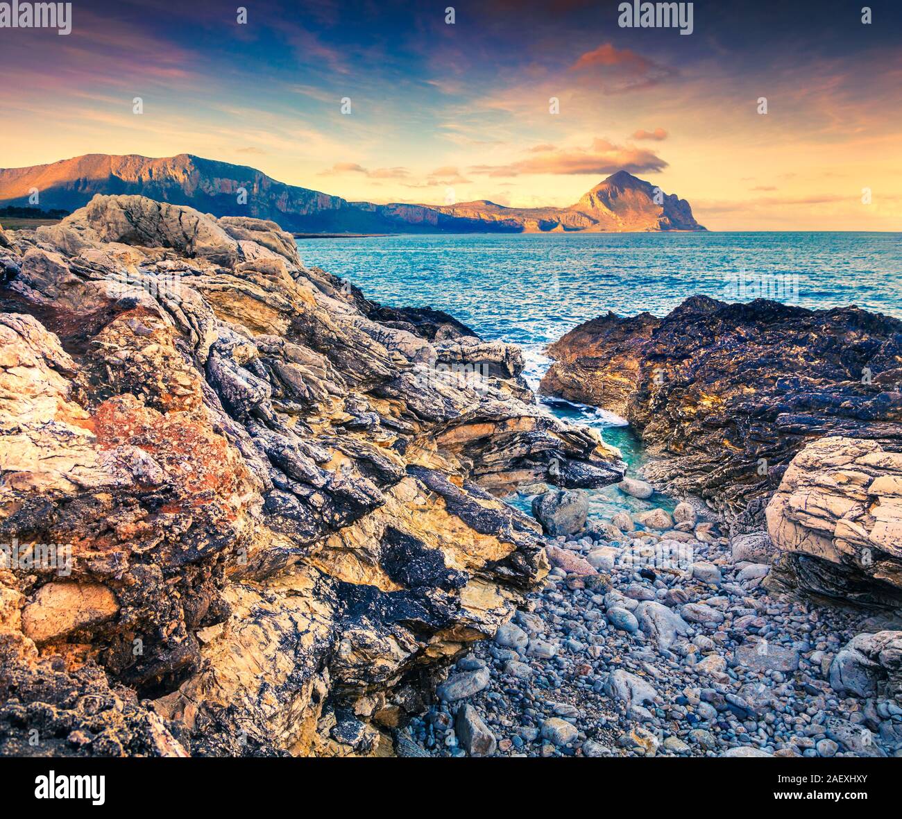 Colorful spring scene in the nature reserve Monte Cofano. Location San ...