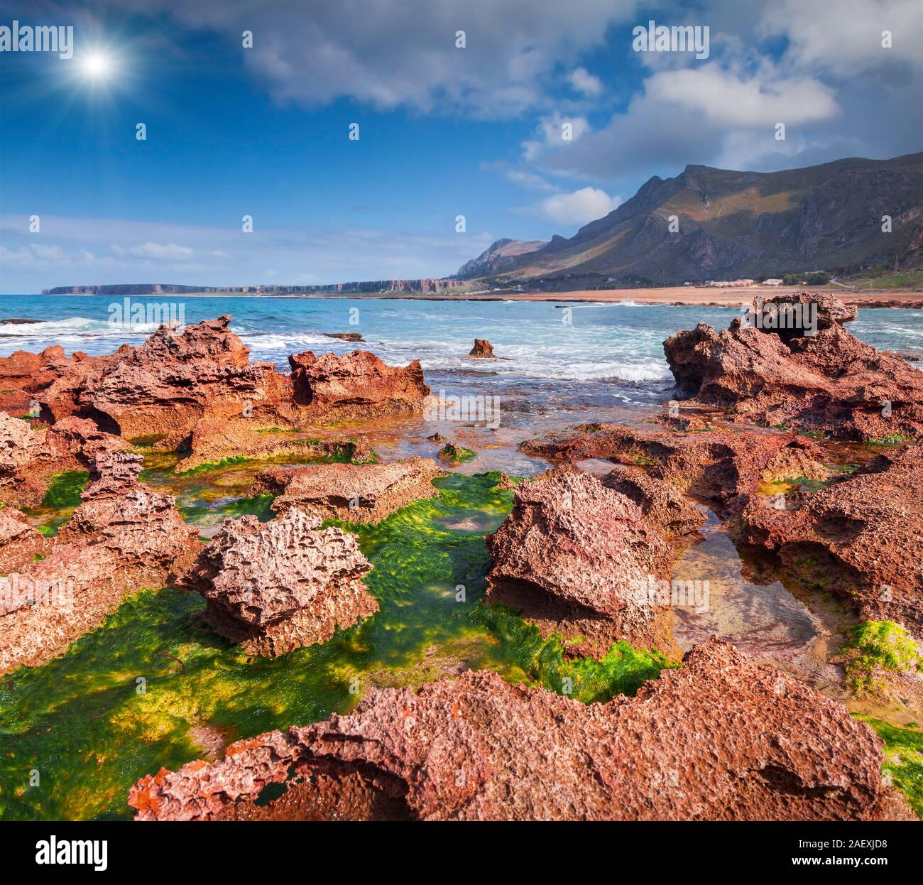 Colorful spring morning of the nature reserve Monte Cofano. San Vito ...