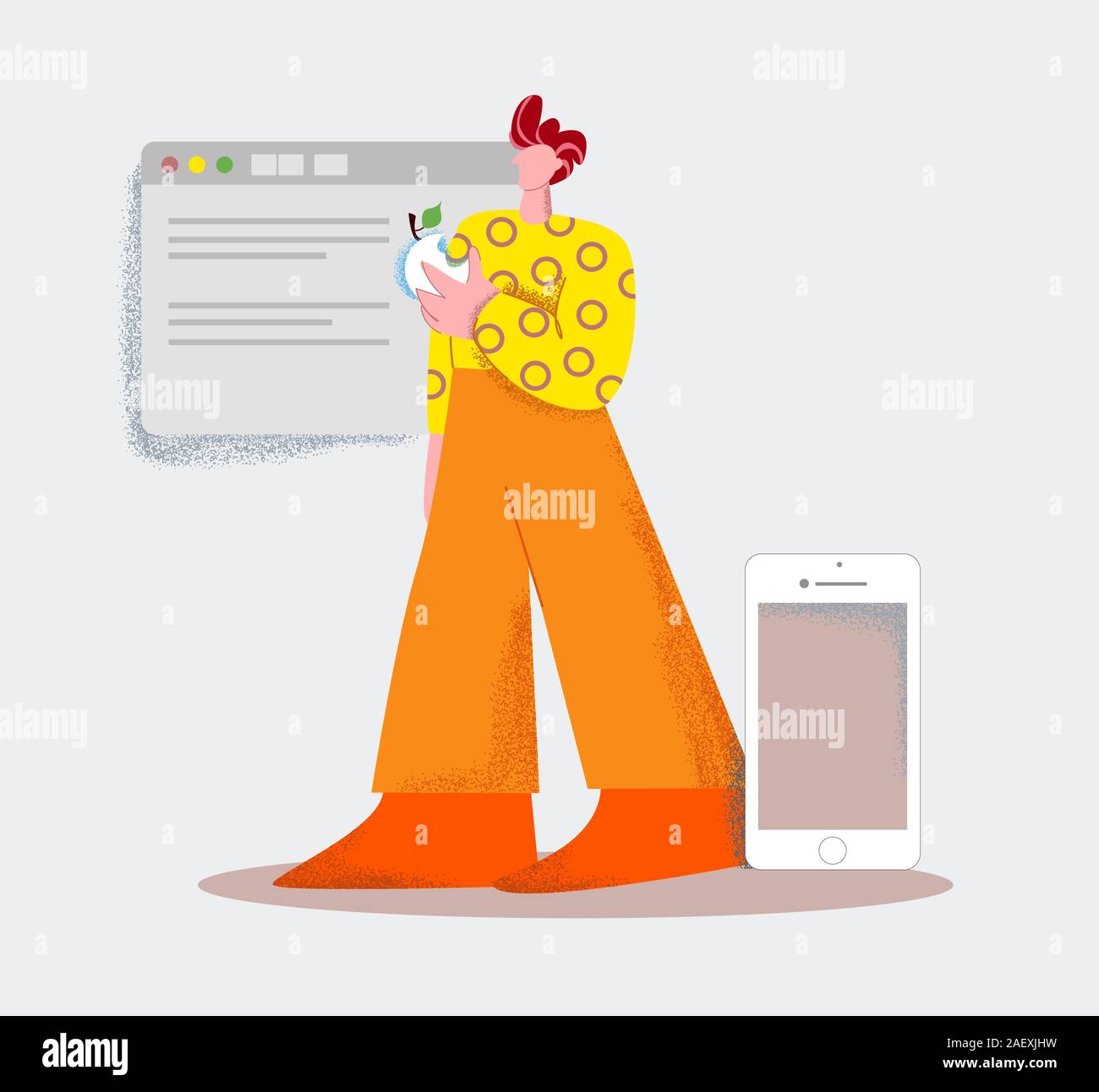 Creative male developer working on mobile app holding apple isolated at ...