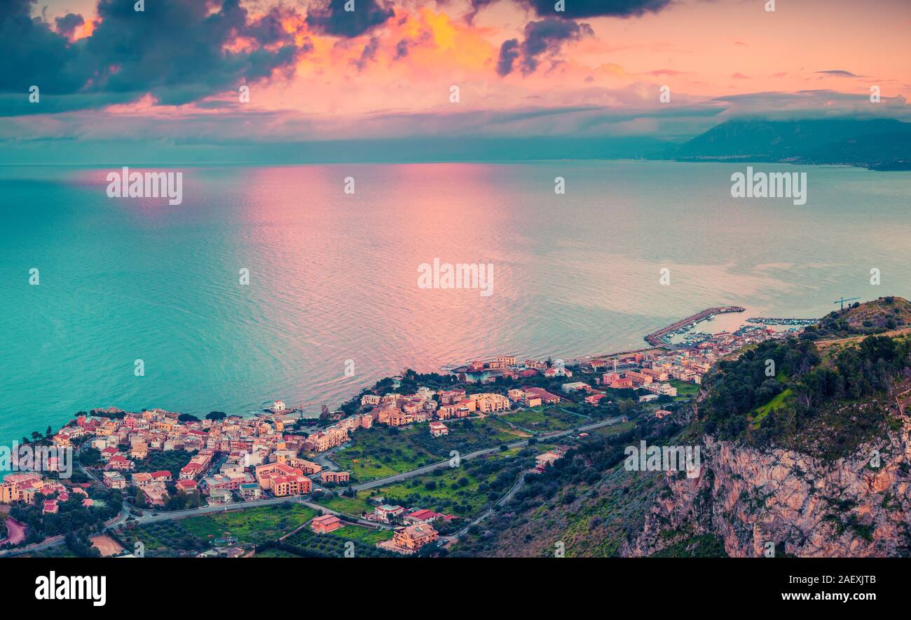 A bird's eye view of the Solanto village. Colorful spring sunset ...