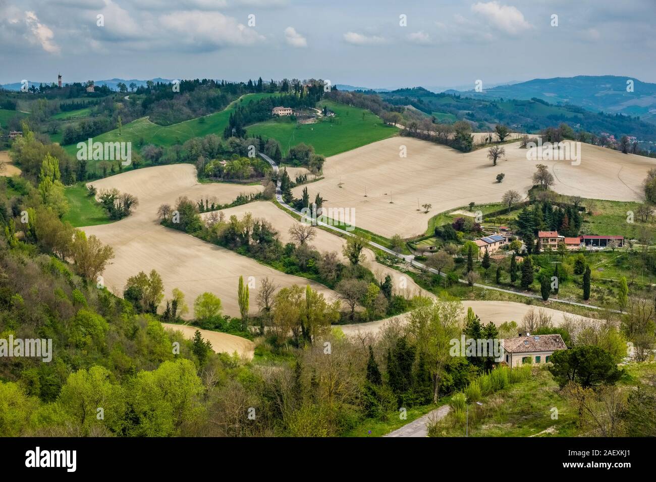 Agricultural landscape with fields, farmers houses and trees Stock ...