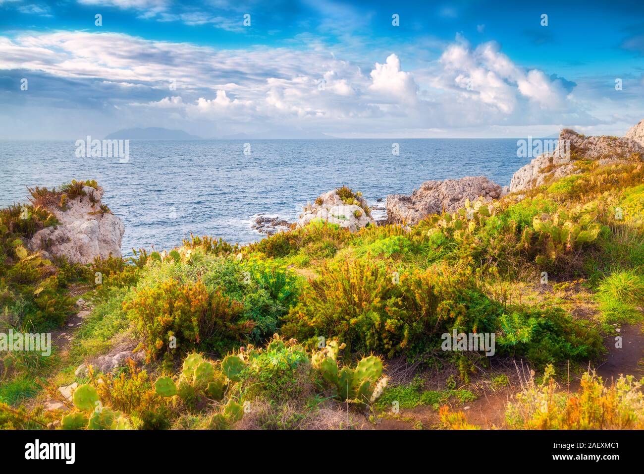 Colorful spring morning on the cape Milazzo, nature reserve Piscina di ...