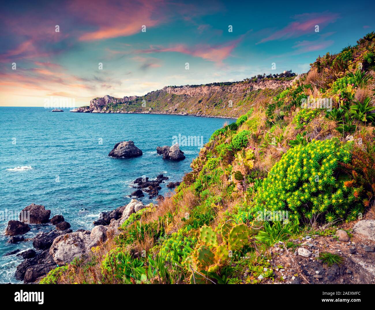 Colorful spring scene in the harbor and cape Milazzo with nature ...