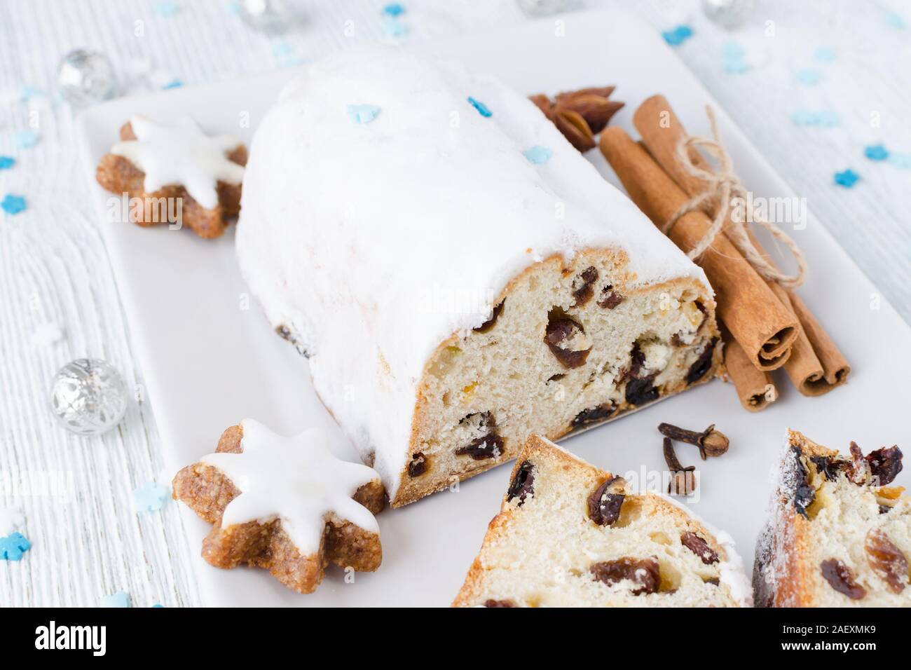 traditional german christmas cake stollen with cookies and decoration ...