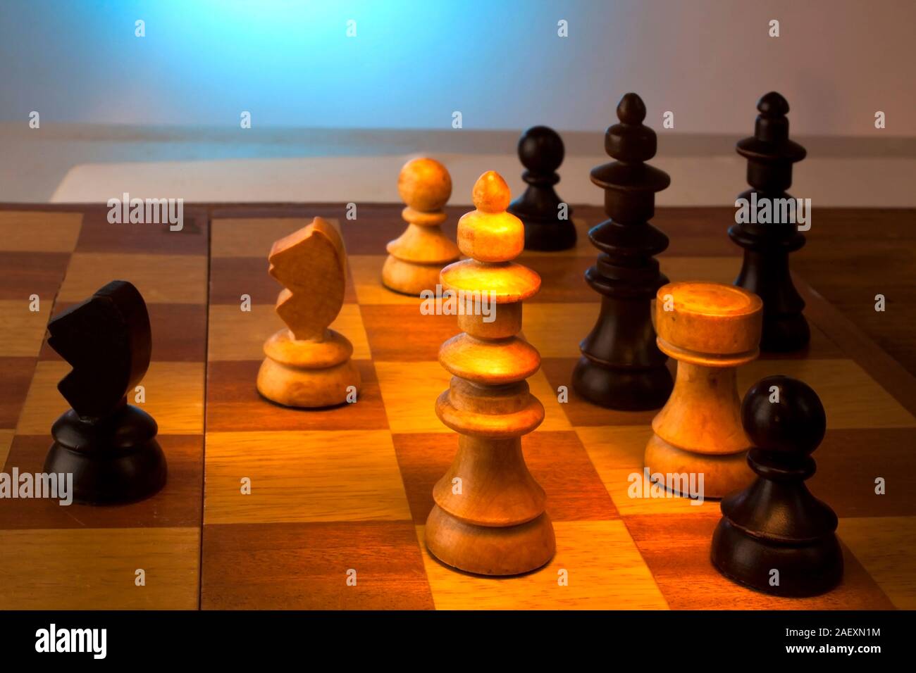 chess pieces on chessboard in warm light with blue background Stock ...