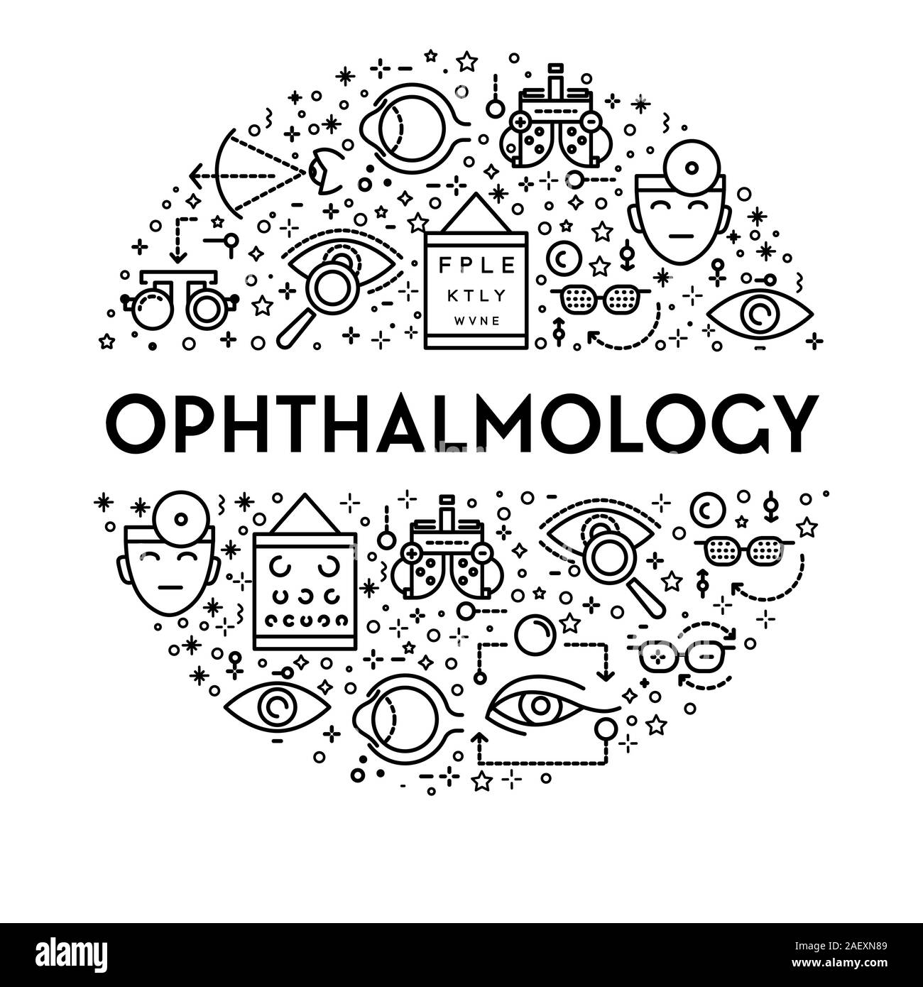 Ophthalmology banner with eyesight testing linear icons set in circle ...