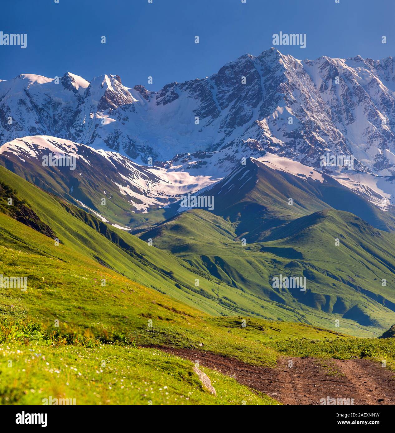 The main Caucasian ridge, Shkhara mountain. The view from the Ushguli ...