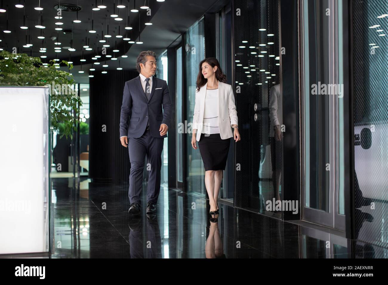Two successful business people walking and talking in lobby Stock Photo ...