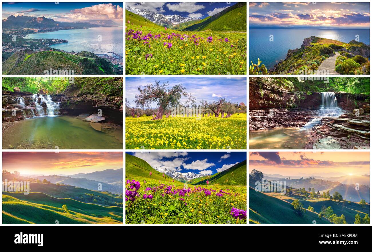 Collage with 9 colorful summer landscapes Stock Photo - Alamy