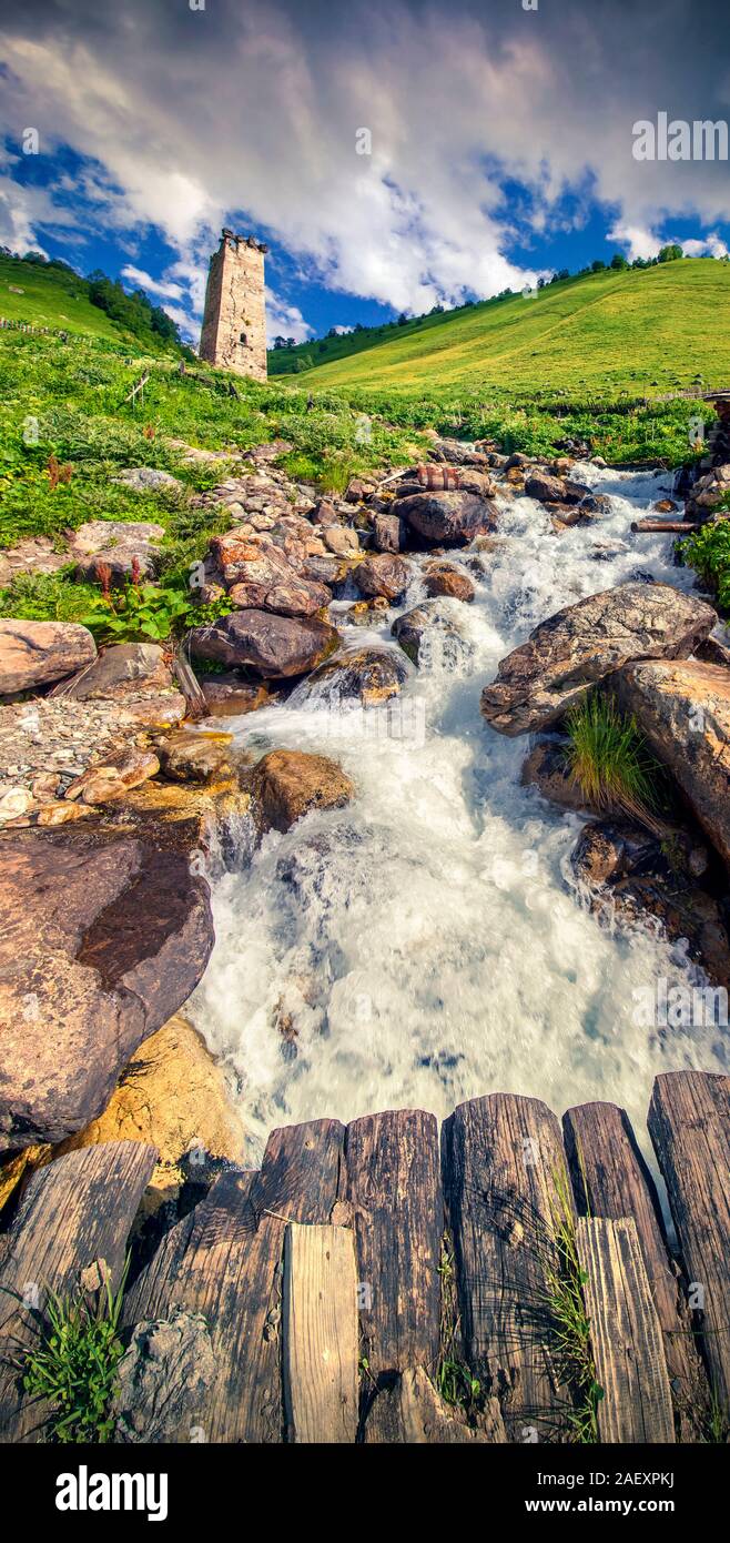 Famous Tower Svaneti. Mountain stream in the village Adishi. Georgia ...