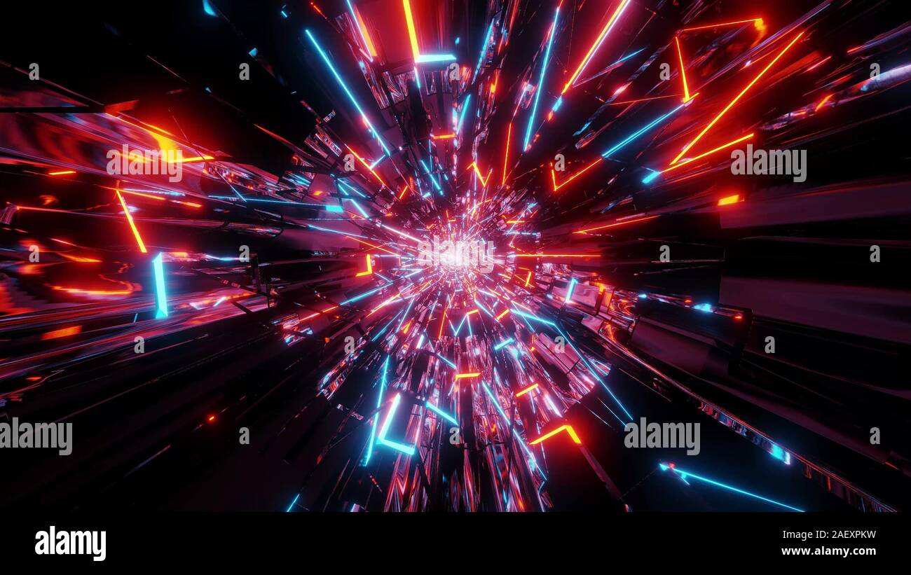 destroyed demolished glowing wireframe in broke design endless tunnel ...