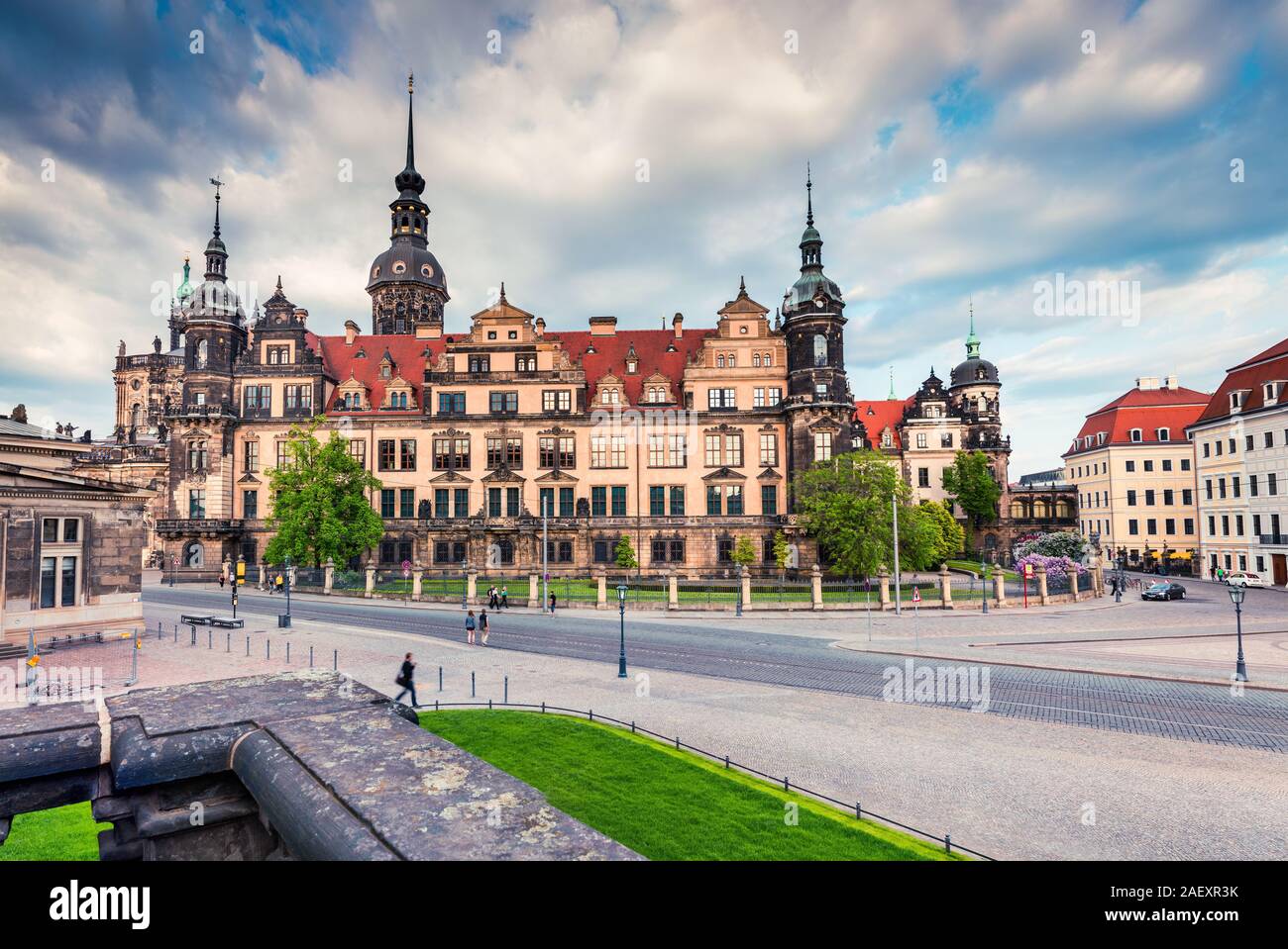 Residence of electors and kings of Saxony in Dresden. Sunny view of ...