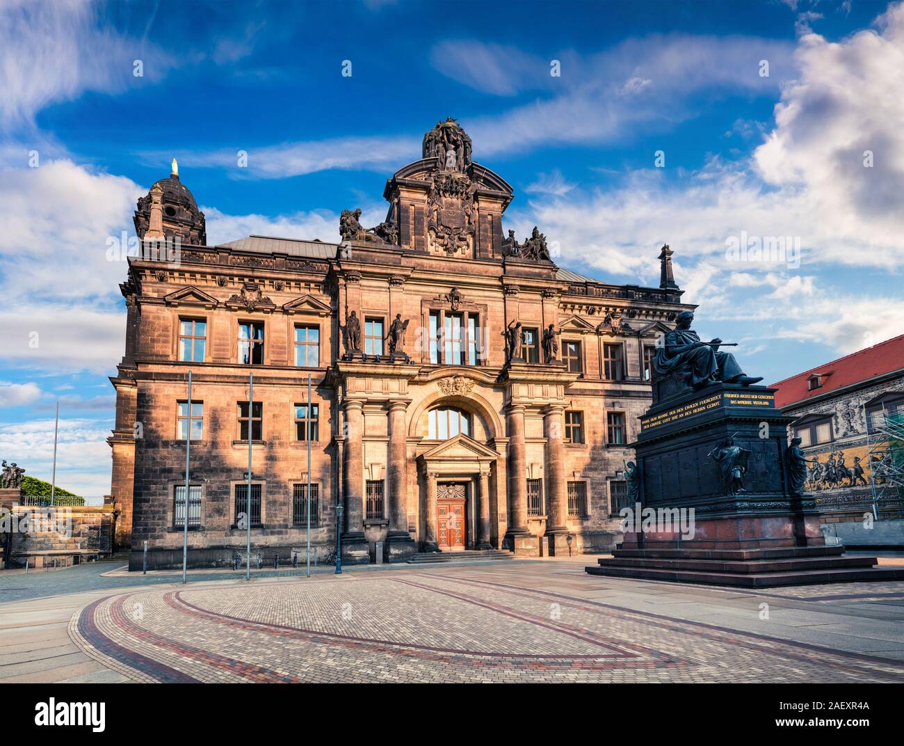 Sunny cityscape of Dresden with Court of Appeal and statue of Frederick ...