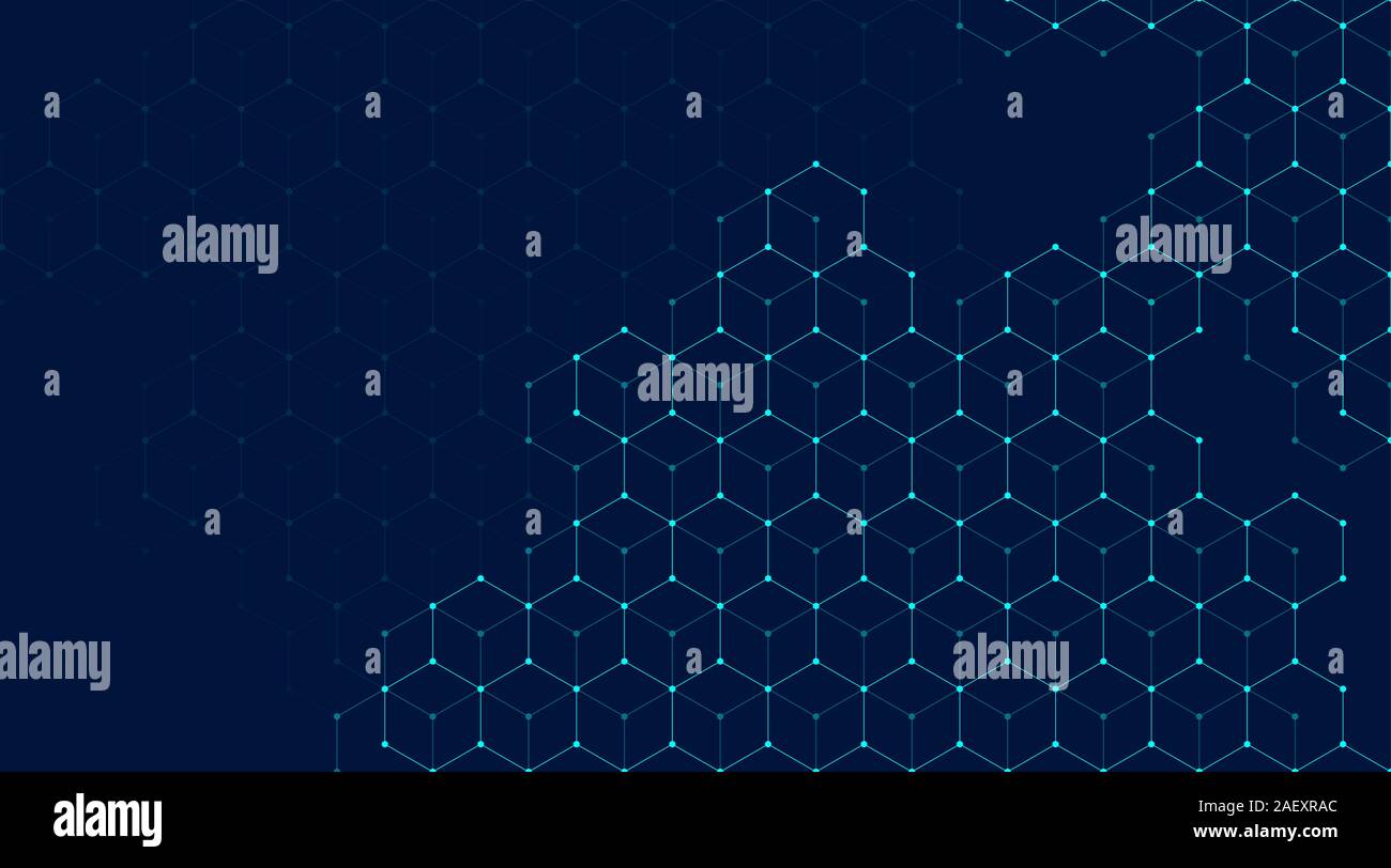 Abstract lines and dots connect background with hexagons. Hexagons connection digital data and ...