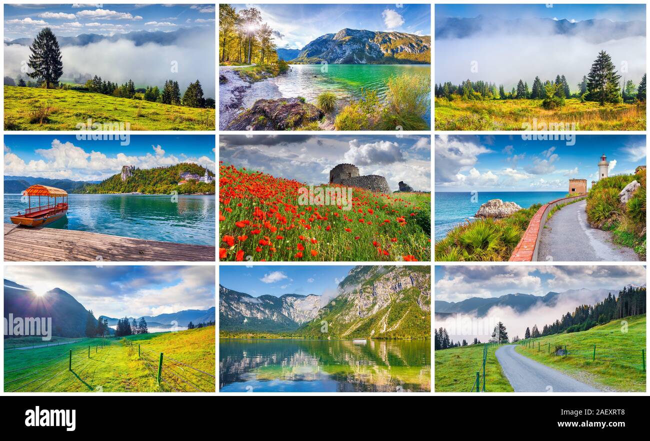 Collage with 9 colorful summer landscapes Stock Photo - Alamy