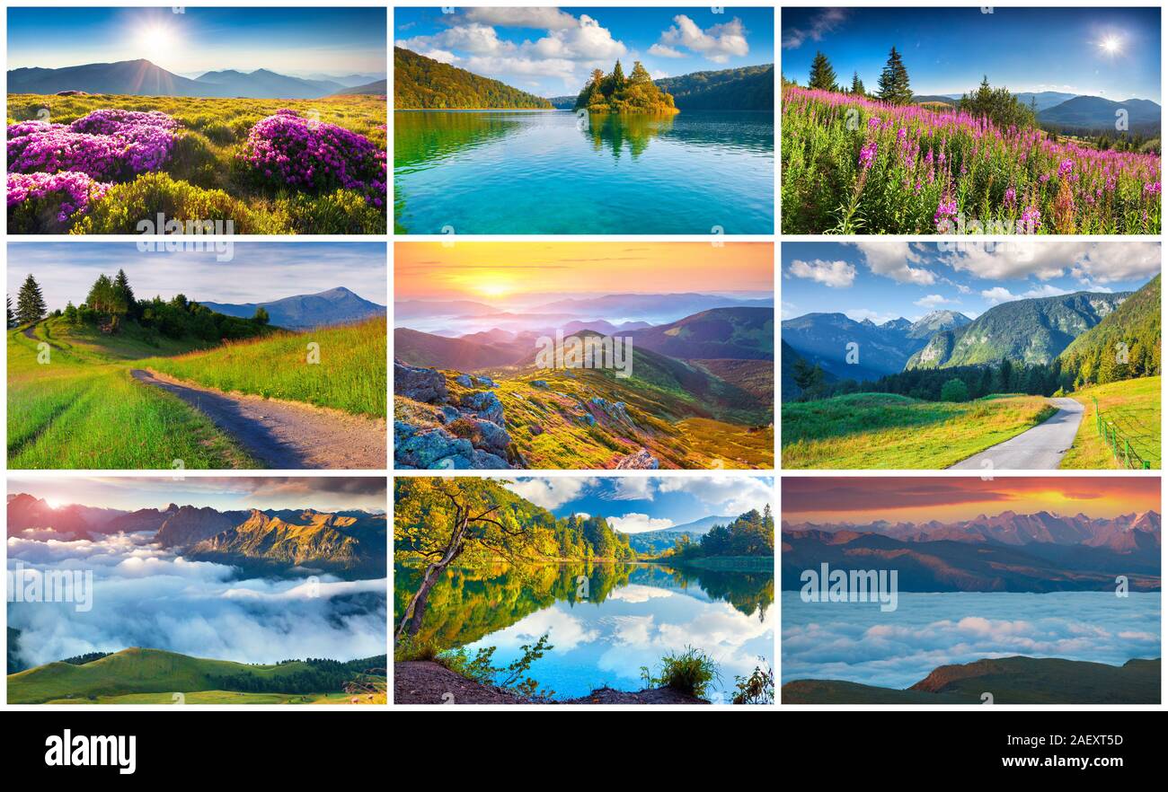 Collage with 9 colorful summer landscapes Stock Photo - Alamy