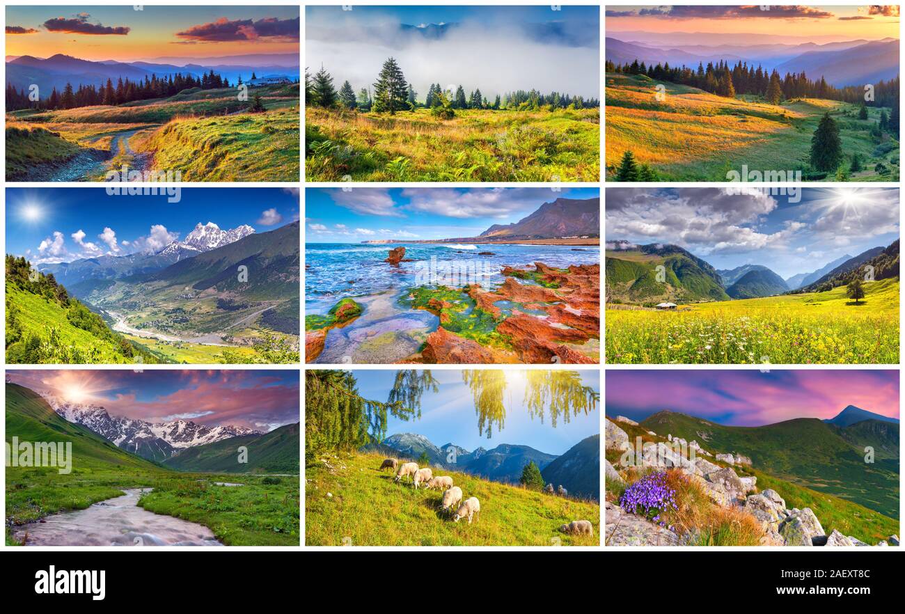 Collage with 9 colorful summer landscapes Stock Photo - Alamy