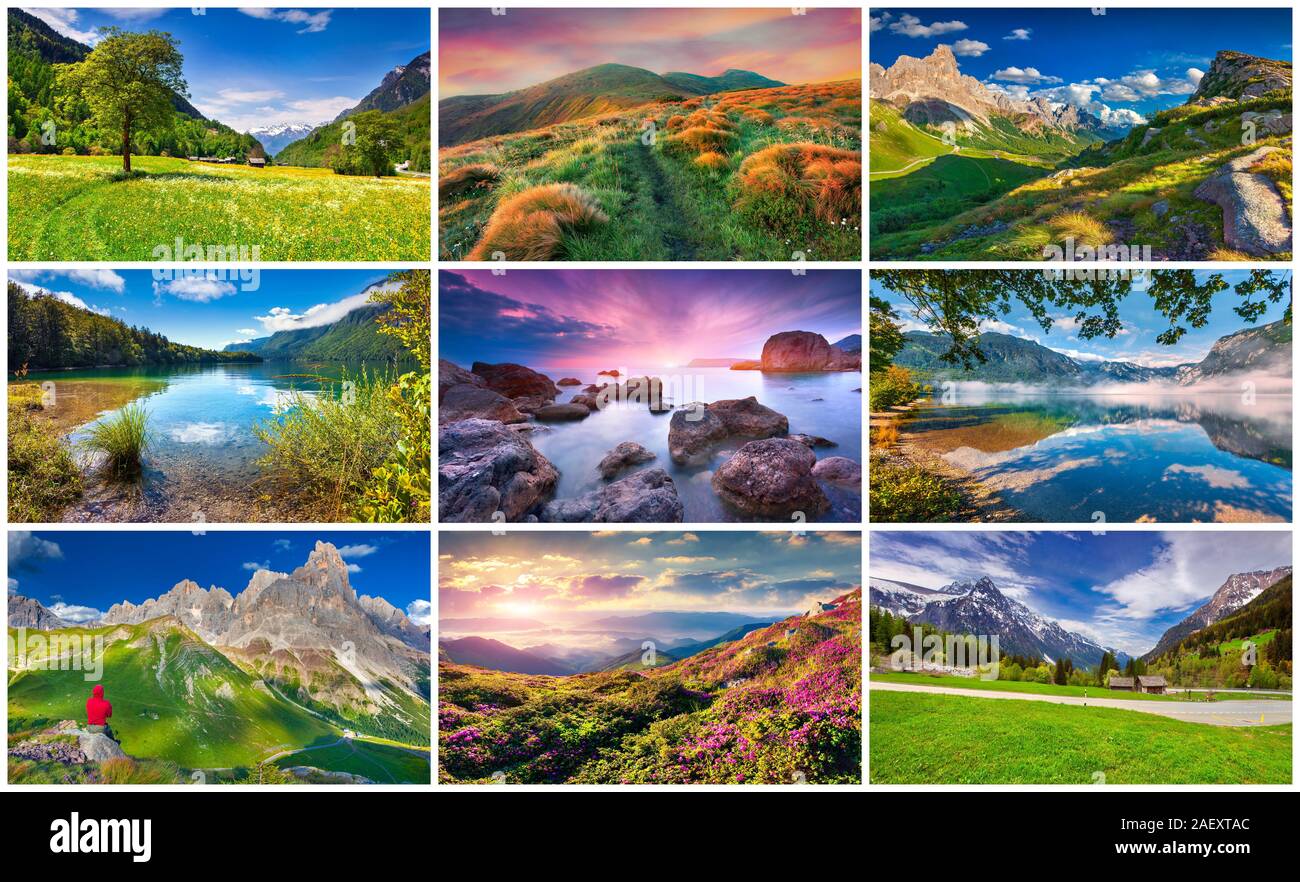 Collage with 9 colorful summer landscapes Stock Photo - Alamy