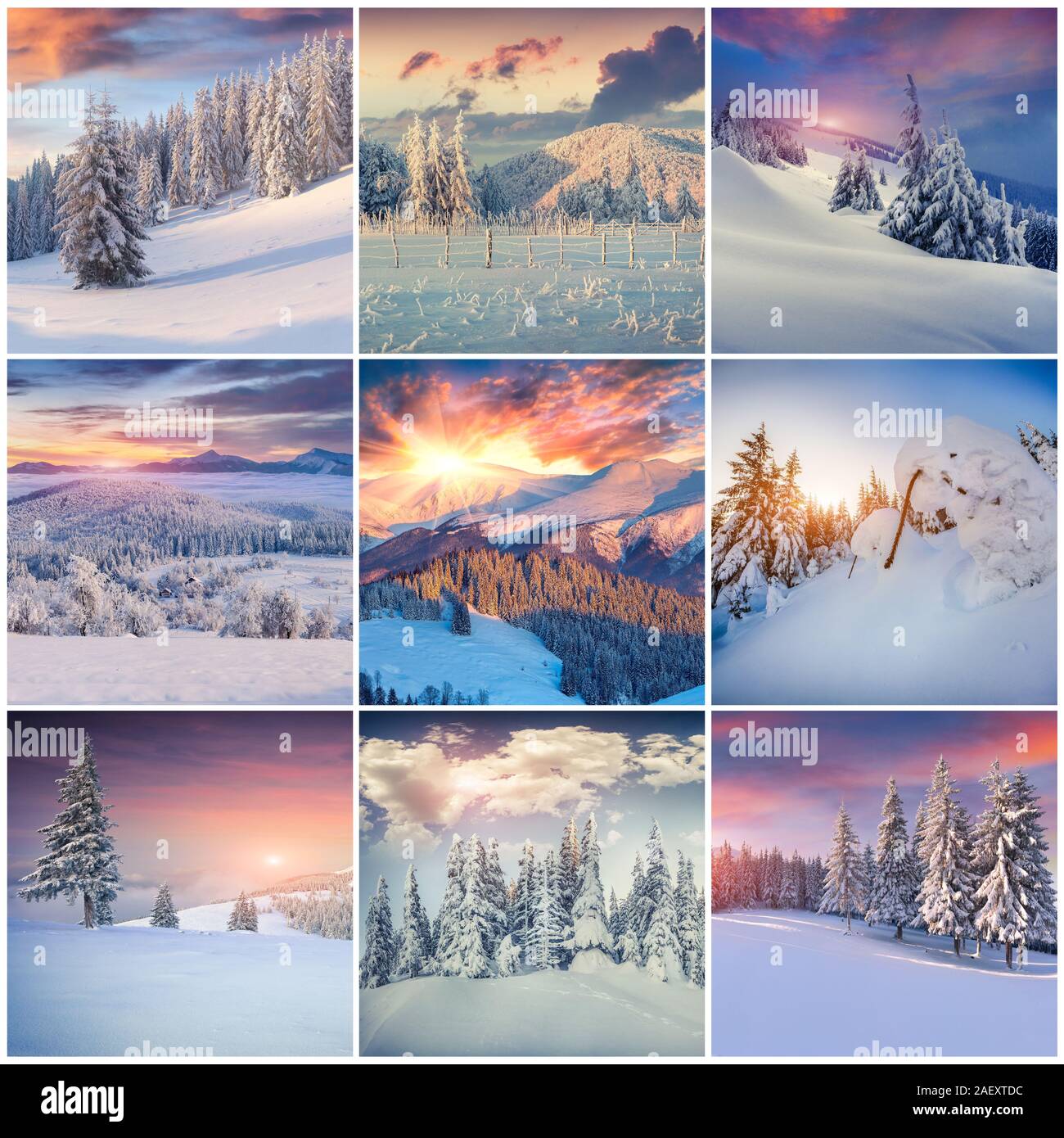 Winter collage with 9 square Christmas landscapes. Carpathian region ...