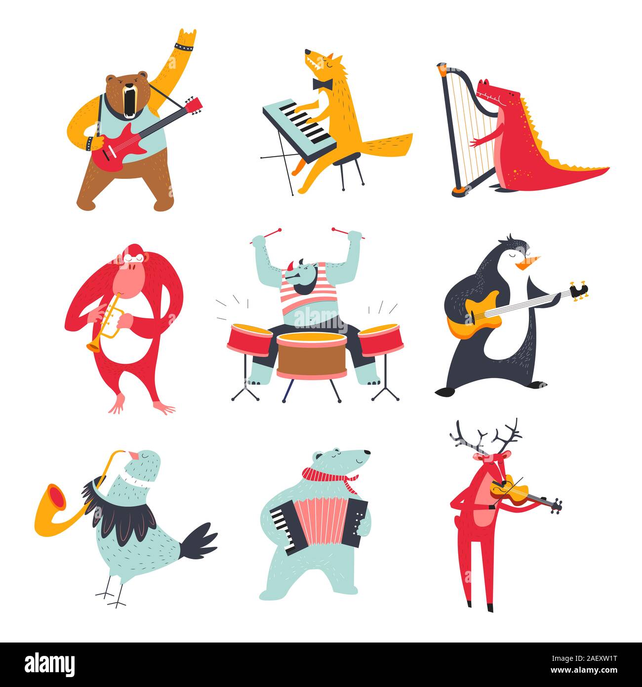 Cute animals playing various music instruments at zoo concert set Stock ...