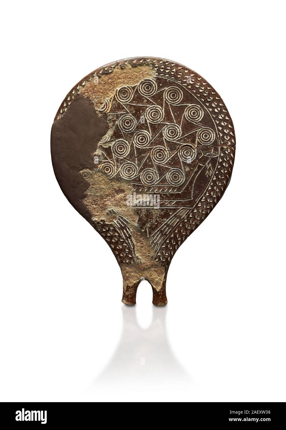 Cycladic terracotta 'frying pan' with incied boat and spiral decoration ...