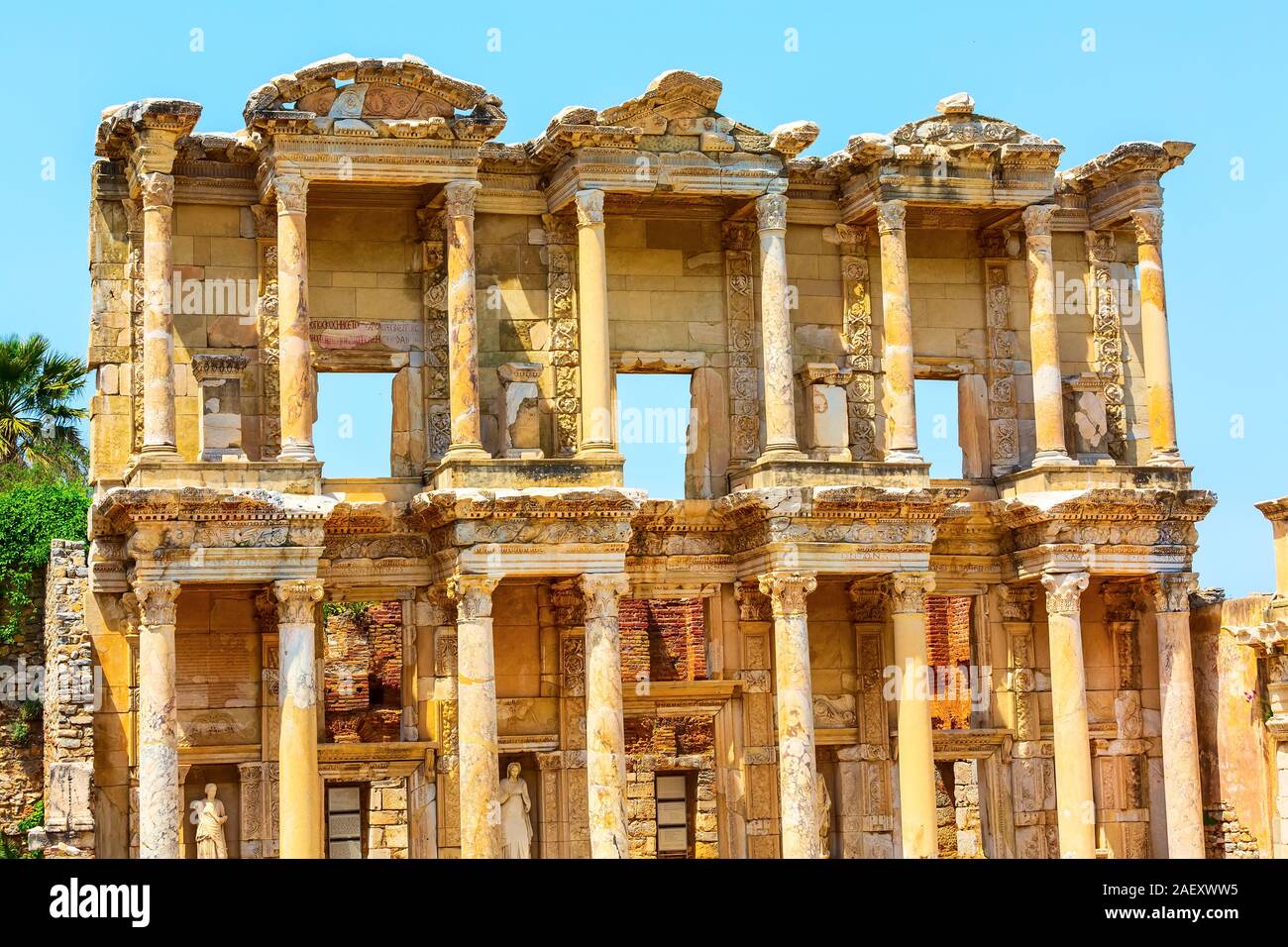 Celsus Library close-up details view in Ephesus, Efes, Turkey Stock ...