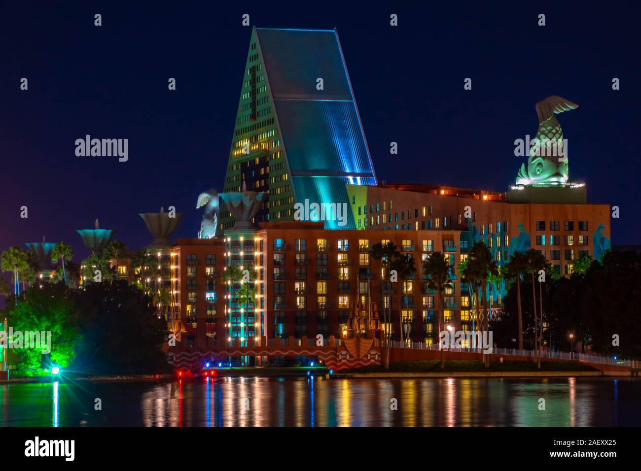 Orlando, Florida. December 06, 2019. Colorful hotel with dolphin statue ...